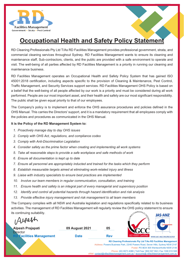 Quality, Safety & Environment Policy Statement | RD Facilities Management