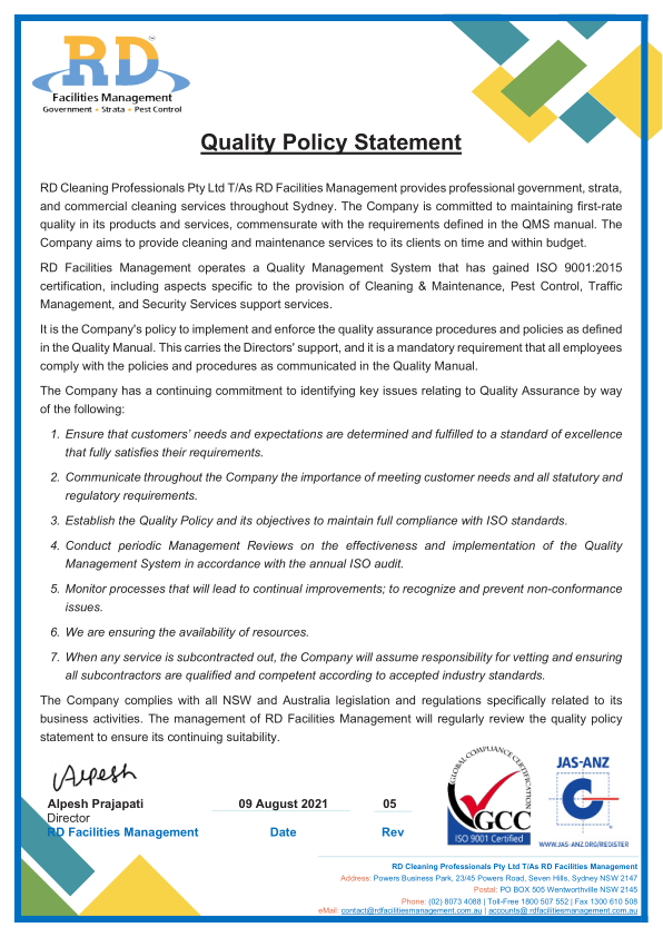 Quality, Safety & Environment Policy Statement | RD Facilities Management